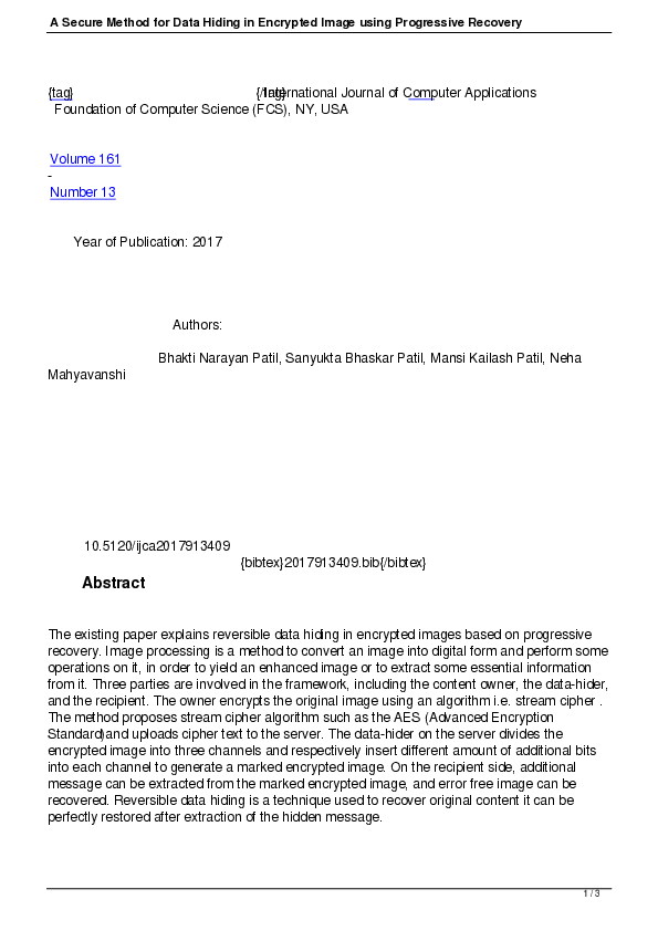 Pdf A Secure Method For Data Hiding In Encrypted Image Using Progressive Recovery