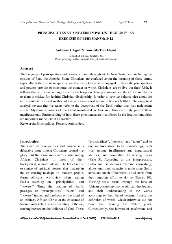 (PDF) Principalities and Powers in Paul’s Theology: An Exegesis of ...