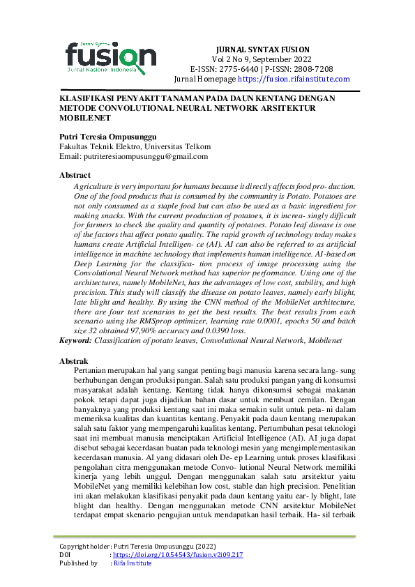 Pdf Klasifikasi Penyakit Tanaman Pada Daun Kentang Dengan Metode Convolutional Neural Network