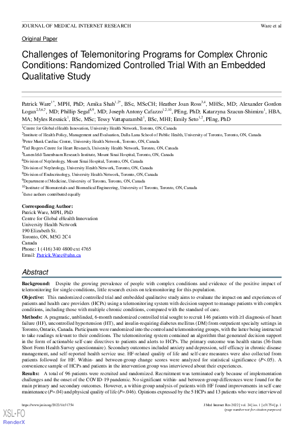(PDF) Challenges of Telemonitoring Programs for Complex Chronic ...
