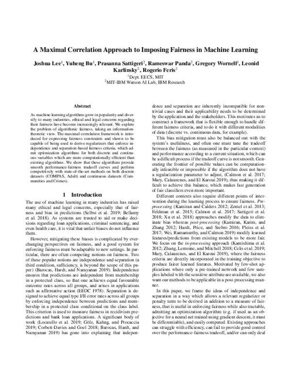 (PDF) A Maximal Correlation Approach to Imposing Fairness in Machine Learning