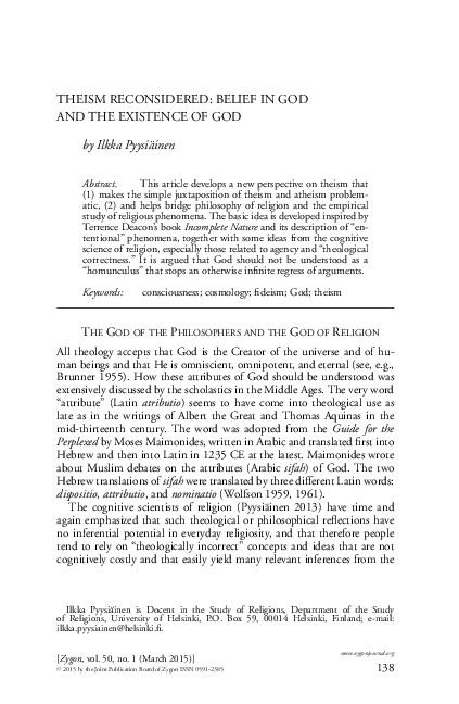 (PDF) Theism Reconsidered: Belief in God and the Existence of God