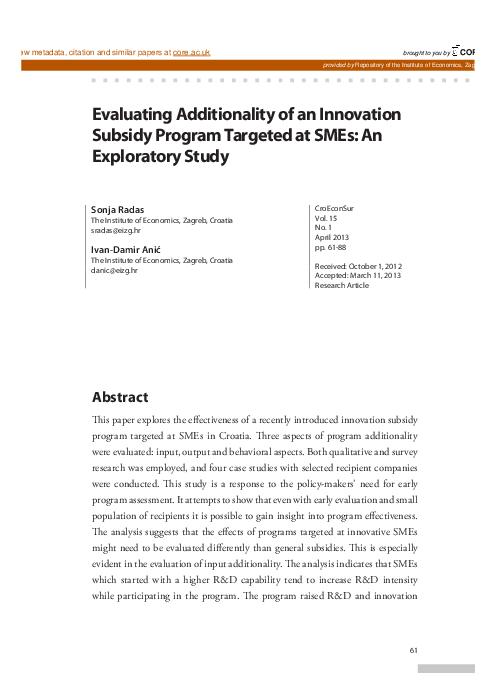 Evaluating additionality of an innovation subsidy program targeted at SMEs: An exploratory study