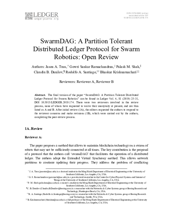 (PDF) SwarmDAG: A Partition Tolerant Distributed Ledger Protocol for Swarm Robotics | Palash ...