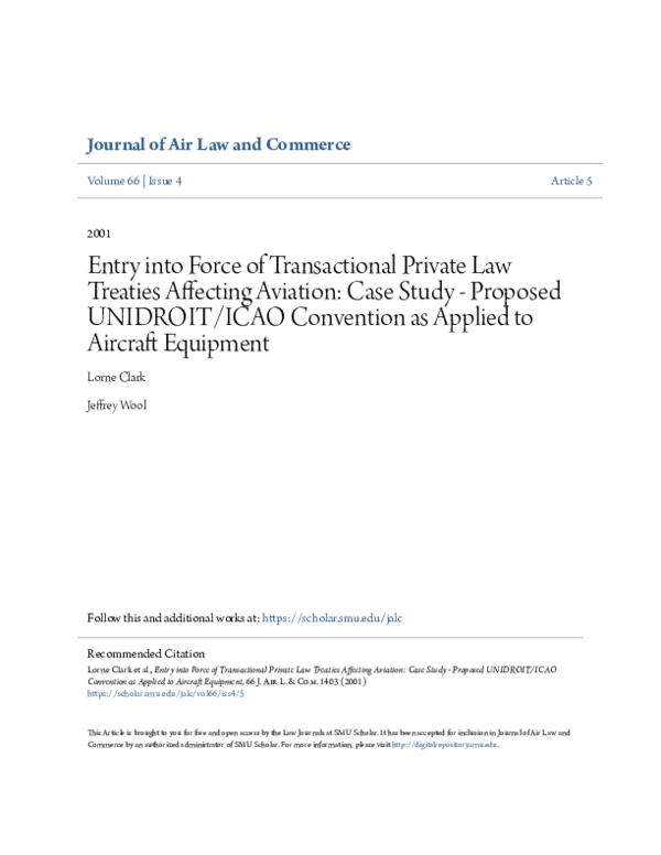 (PDF) Entry Into Force of Transactional Private Law Treaties Affecting Aviation: Case Study ...