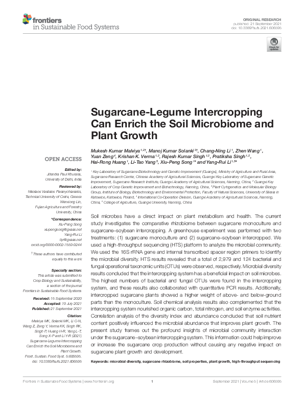 (PDF) Sugarcane-Legume Intercropping Can Enrich the Soil Microbiome and Plant Growth
