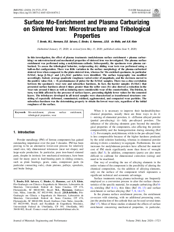 (PDF) Surface Mo-Enrichment and Plasma Carburizing on Sintered Iron: Microstructure and ...