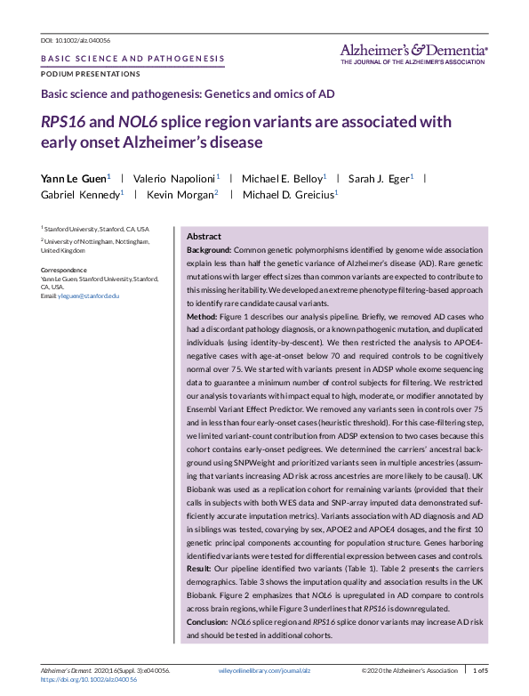 (PDF) RPS16 and NOL6 splice region variants are associated with early ...