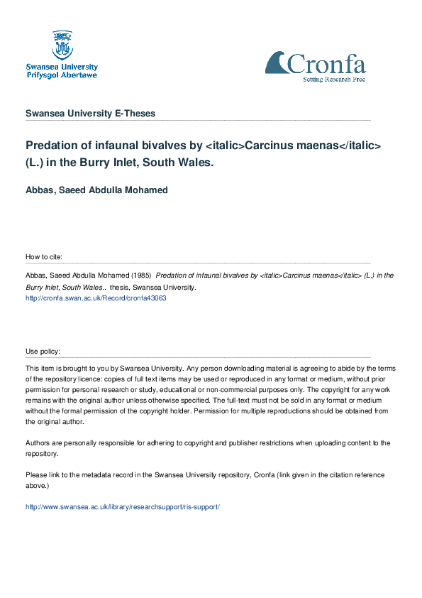 (PDF) Crab Predation on Bivalves in Burry Inlet