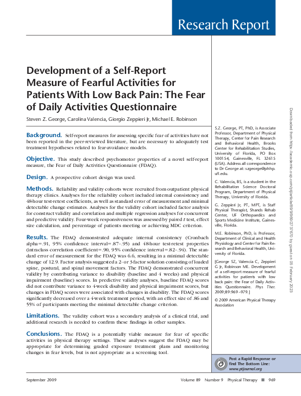 (PDF) Development of a Self-Report Measure of Fearful Activities for Patients With Low Back Pain ...
