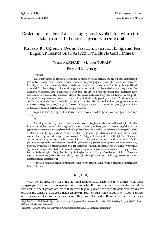 (PDF) Designing a collaborative learning game: Its validation with a turn- taking control scheme ...