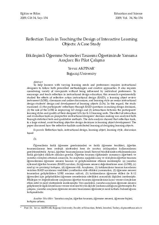 (PDF) Reflection Tools in Teaching the Design of Interactive Learning Objects: A Case Study