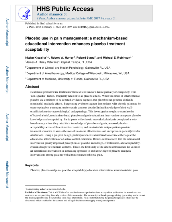 (PDF) Placebo use in pain management: a mechanism-based educational ...