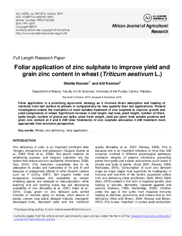 (PDF) Foliar application of zinc sulphate to improve yield and grain zinc content in wheat ...