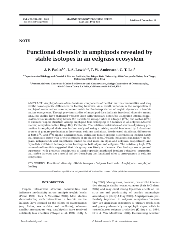 (PDF) Functional diversity in amphipods revealed by stable isotopes in an eelgrass ecosystem ...
