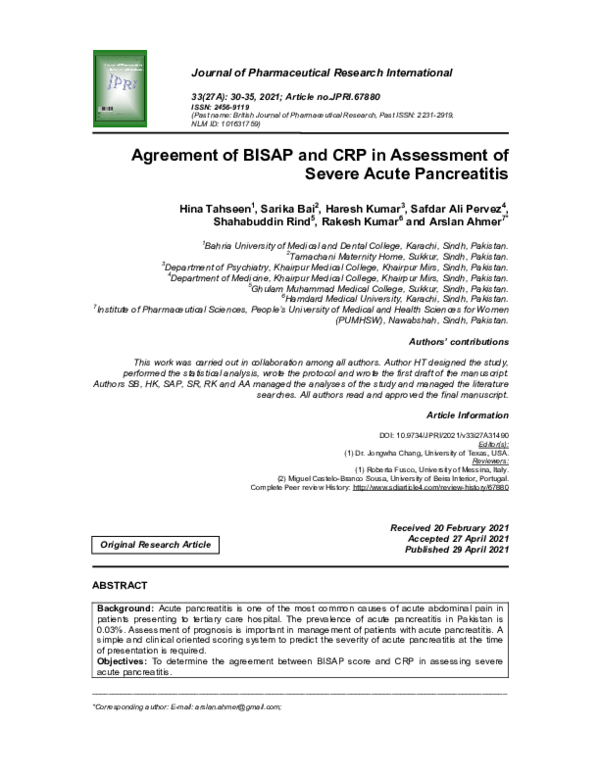 (PDF) Agreement of BISAP and CRP in Assessment of Severe Acute Pancreatitis