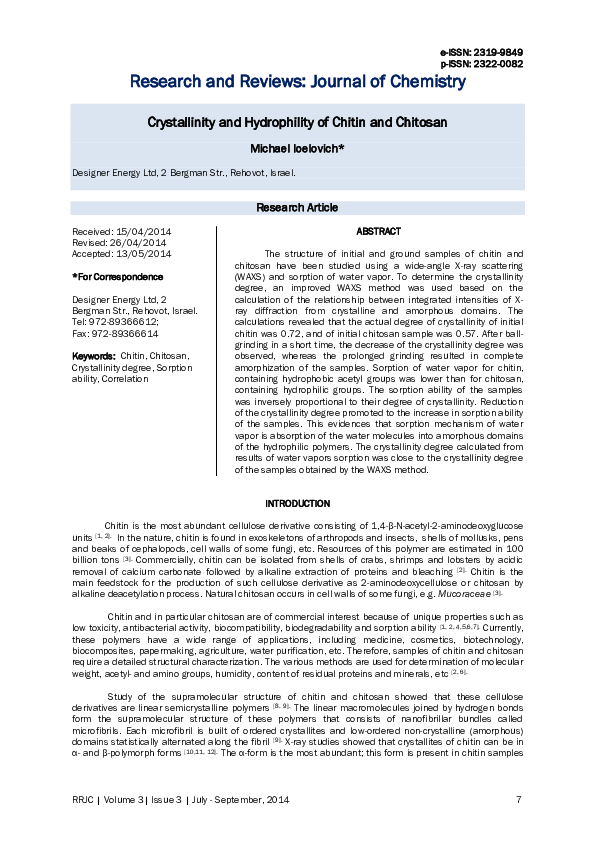 (PDF) Crystallinity and Hydrophility of Chitin and Chitosan