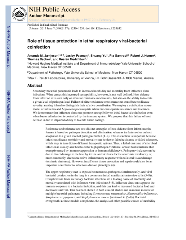 (PDF) Role of Tissue Protection in Lethal Respiratory Viral-Bacterial ...