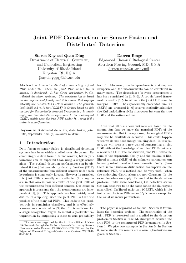 (PDF) Joint PDF construction for sensor fusion and distributed detection