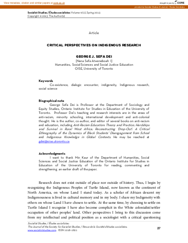 (PDF) Critical Perspectives on Indigenous Research
