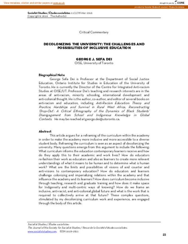 (PDF) Decolonizing the University: the Challenges and Possibilities of ...