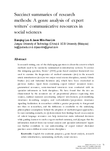 (PDF) Succinct summaries of research methods: A genre analysis of ...