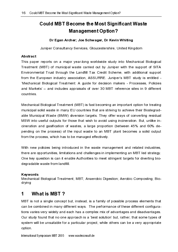 (PDF) Could MBT Become the Most Significant Waste Management Option?