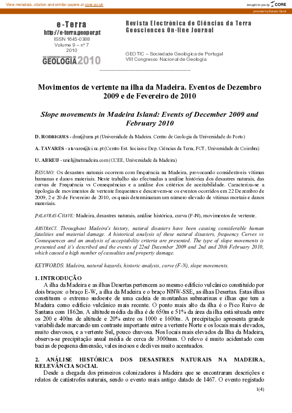 (PDF) Slope movements in Madeira Island: Events of December 2009 and ...