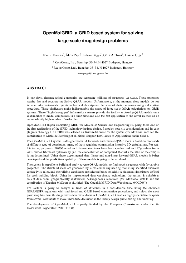 Pdf Openmolgrid A Grid Based System For Solving Large Scale Drug Design Problems István 
