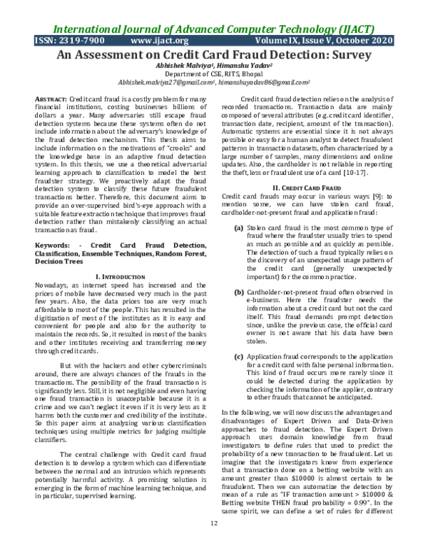 (PDF) An Assessment on Credit Card Fraud Detection: Survey