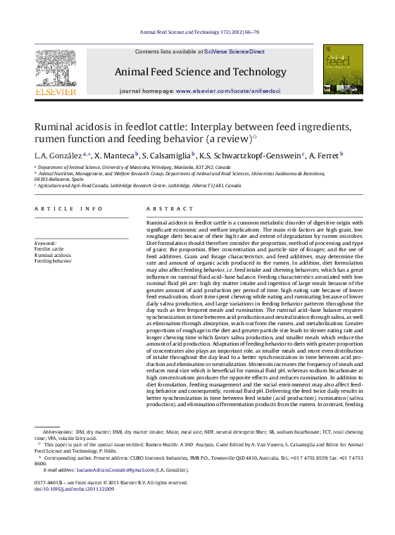 (PDF) Ruminal acidosis in feedlot cattle: Interplay between feed ingredients, rumen function and ...