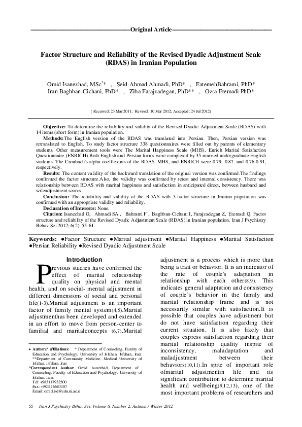 (PDF) Factor Structure and Reliability of the Revised Dyadic Adjustment ...