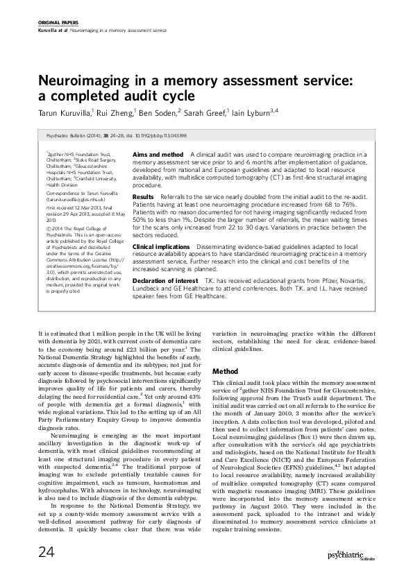 (PDF) Neuroimaging in a memory assessment service: a completed audit ...