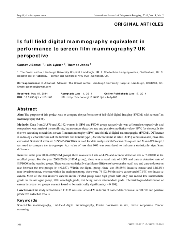 (PDF) Is full field digital mammography equivalent in performance to screen film mammography? UK ...