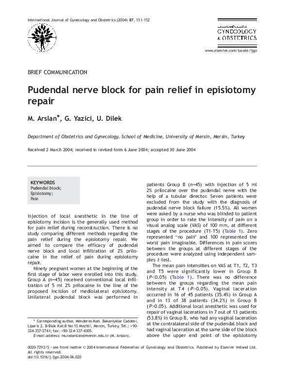 (PDF) Pudendal nerve block for pain relief in episiotomy repair