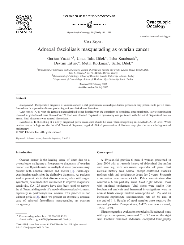 (PDF) Adnexal fascioliasis masquerading as ovarian cancer