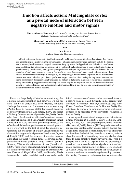 Pdf Emotion Affects Action Midcingulate Cortex As A Pivotal Node Of