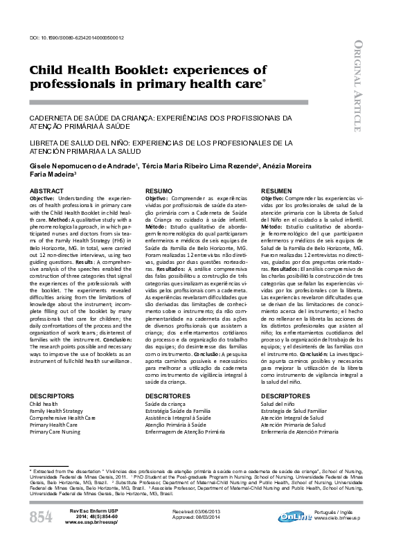 (PDF) Child Health Booklet: experiences of professionals in primary ...