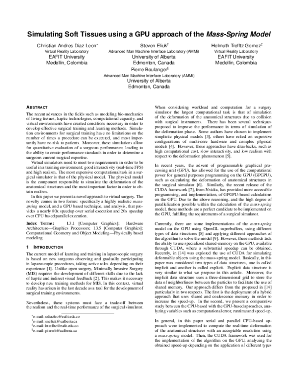 Pdf Simulating Soft Tissues Using A Gpu Approach Of The Mass Spring Model