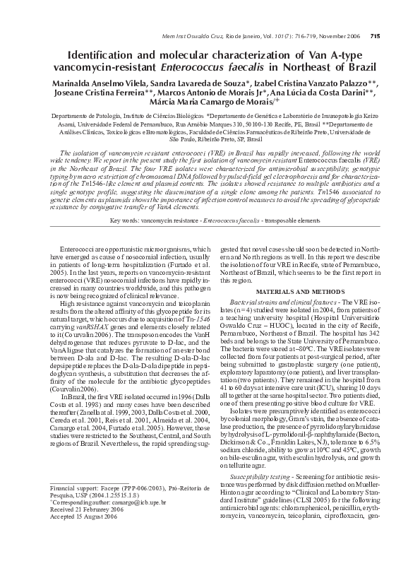 Pdf Identification And Molecular Characterization Of Van A Type Vancomycin Resistant