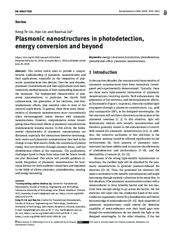 (PDF) Plasmonic nanostructures in photodetection, energy conversion and beyond
