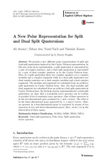 (PDF) A New Polar Representation for Split and Dual Split Quaternions