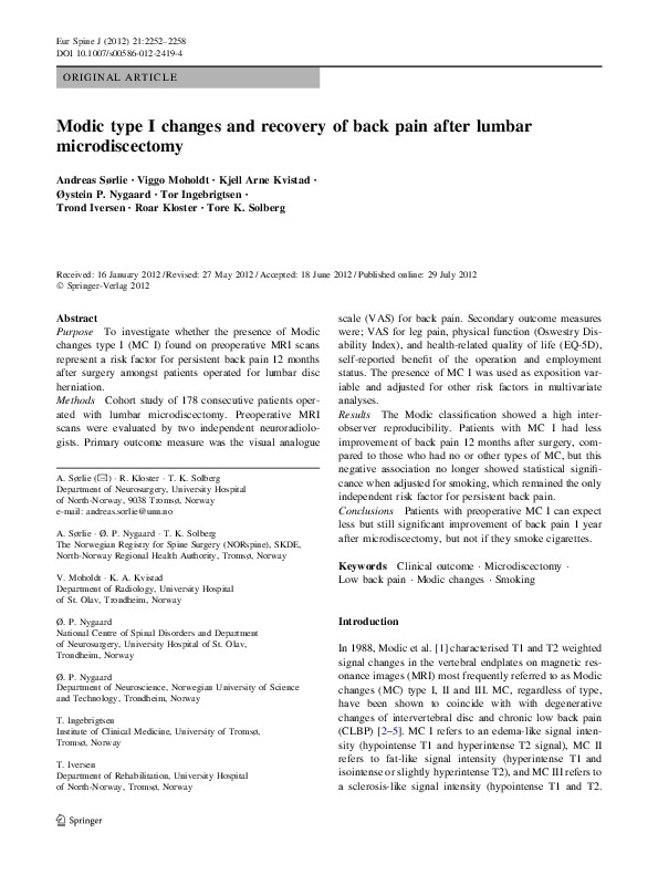 (PDF) Modic type I changes and recovery of back pain after lumbar ...