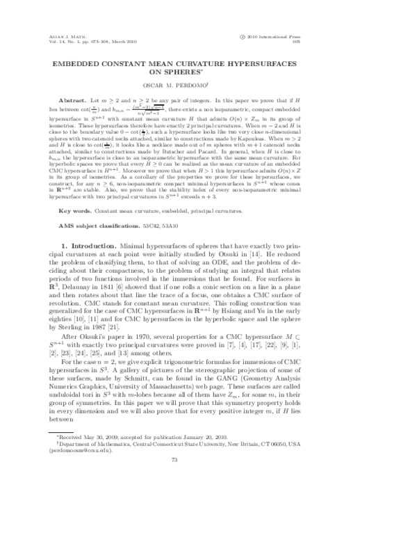 Pdf Embedded Constant Mean Curvature Hypersurfaces On Spheres Moises Perdomo