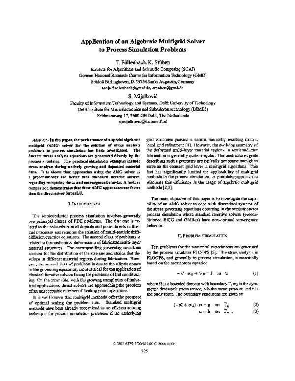 (PDF) Application of an algebraic multigrid solver to process simulation problems