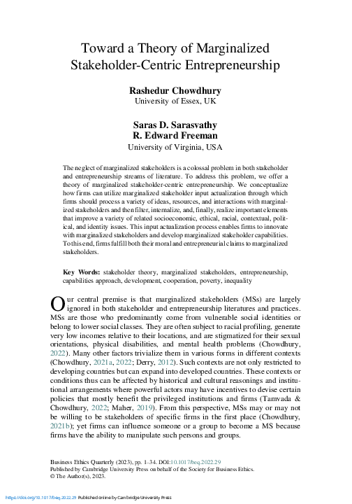 (PDF) Toward a Theory of Marginalized Stakeholder-Centric Entrepreneurship