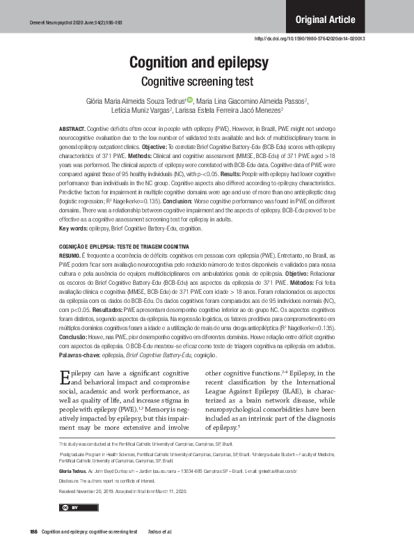 (PDF) Cognition and epilepsy: Cognitive screening test