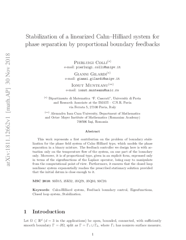 (PDF) Stabilisation of a linearised Cahn–Hilliard system for phase separation by proportional ...