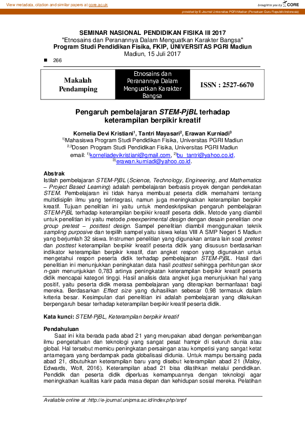 (PDF) Pengaruh pembelajaran STEM-PjBL terhadap keterampilan berpikir kreatif