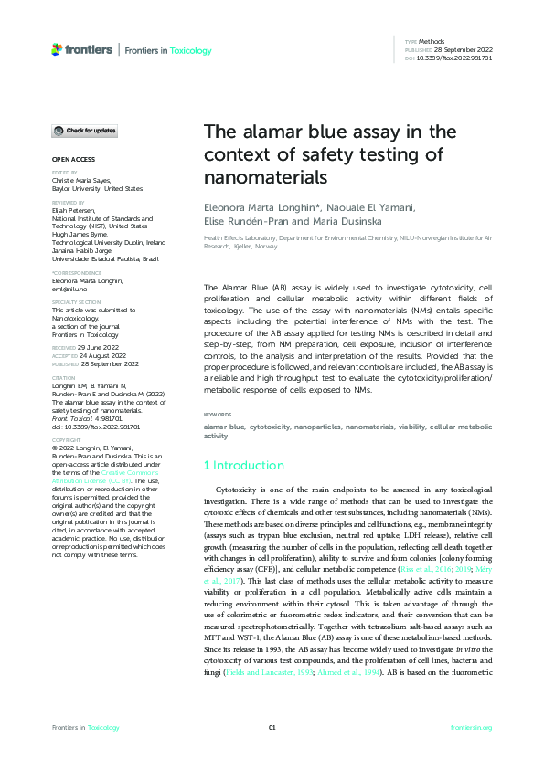 (PDF) The alamar blue assay in the context of safety testing of ...